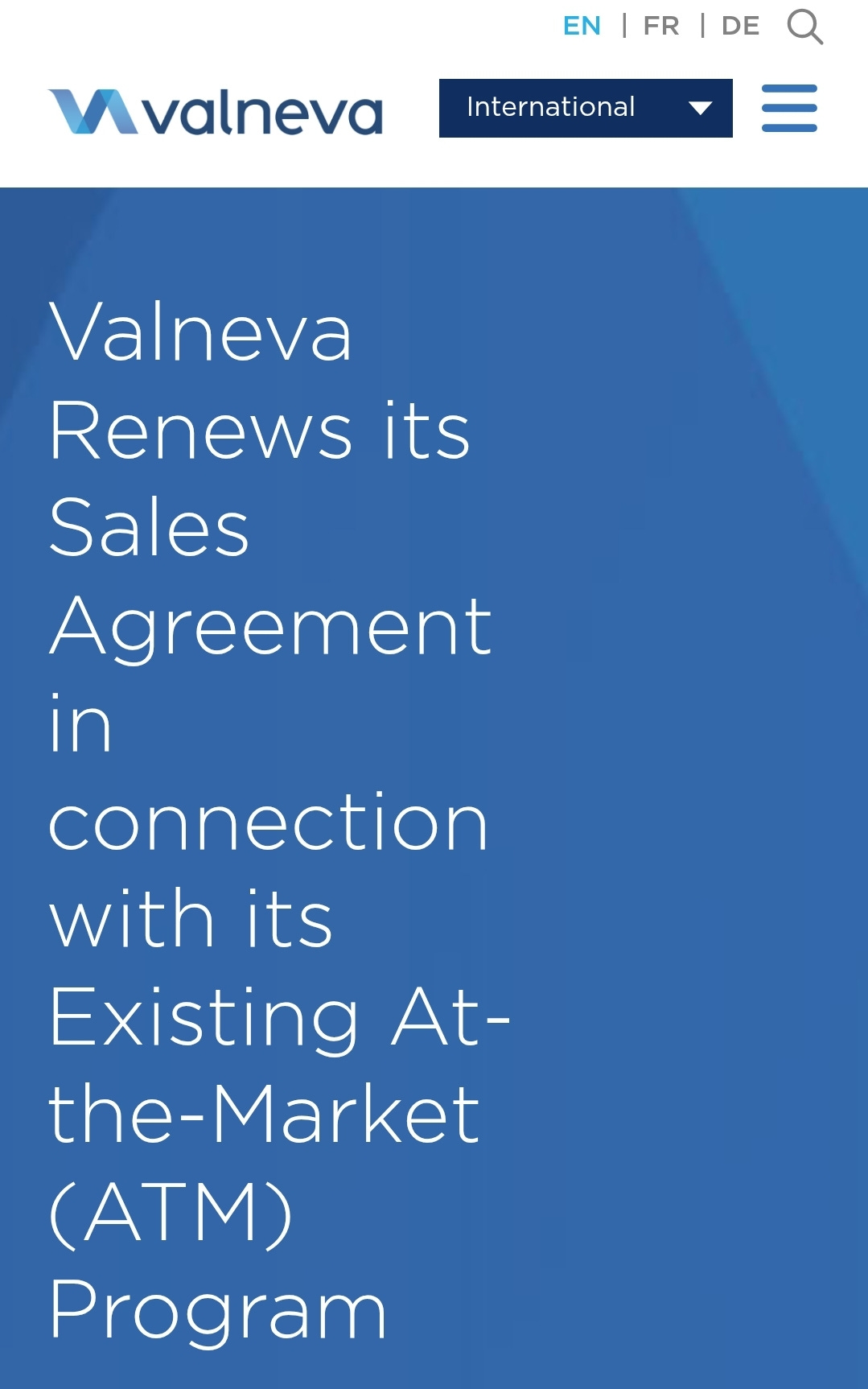 Valneva Renews its Sales Agreement in connection with its Existing At ...