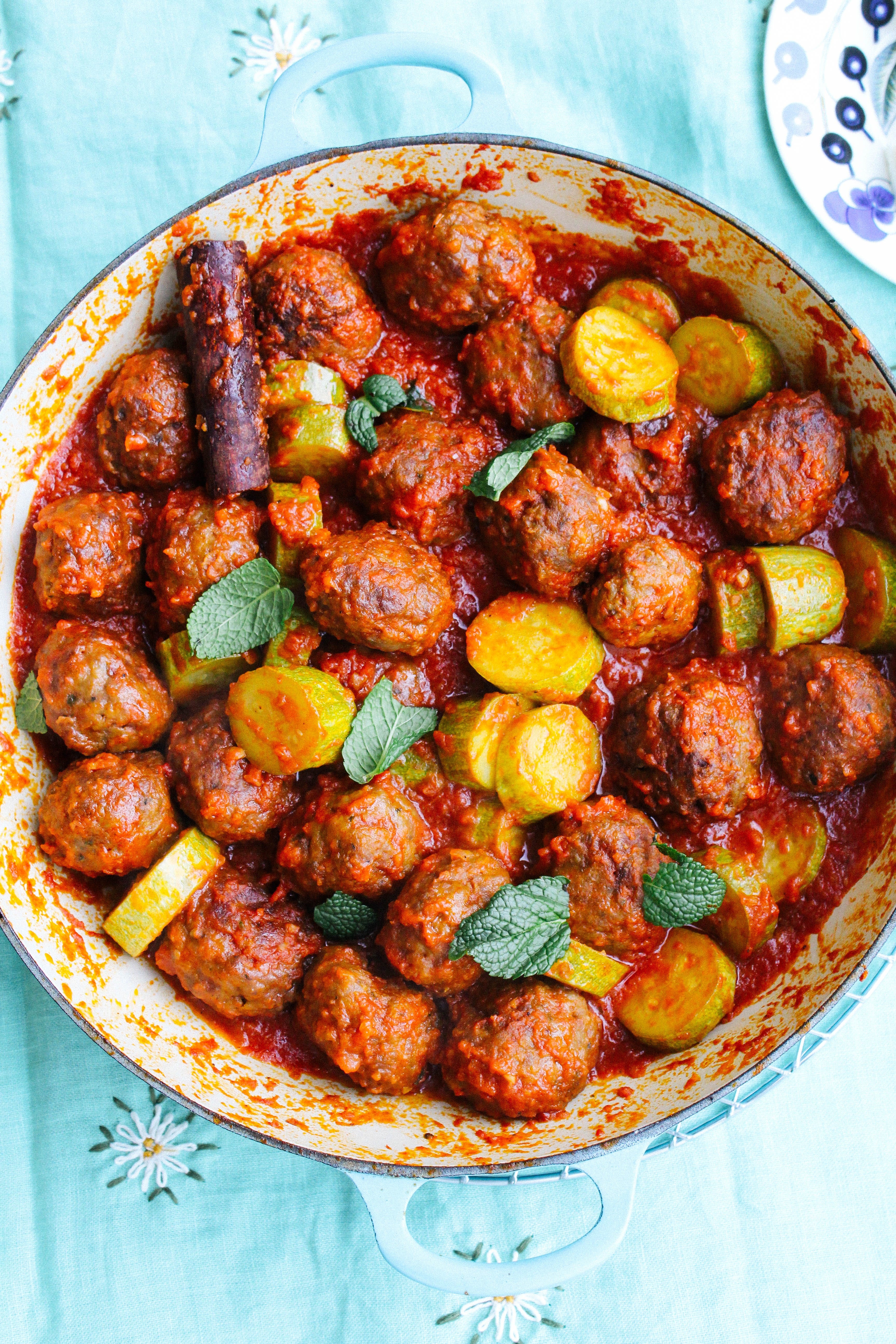 Greek Keftedes (meatballs) and zucchini in a warmly spiced tomato sauce ...