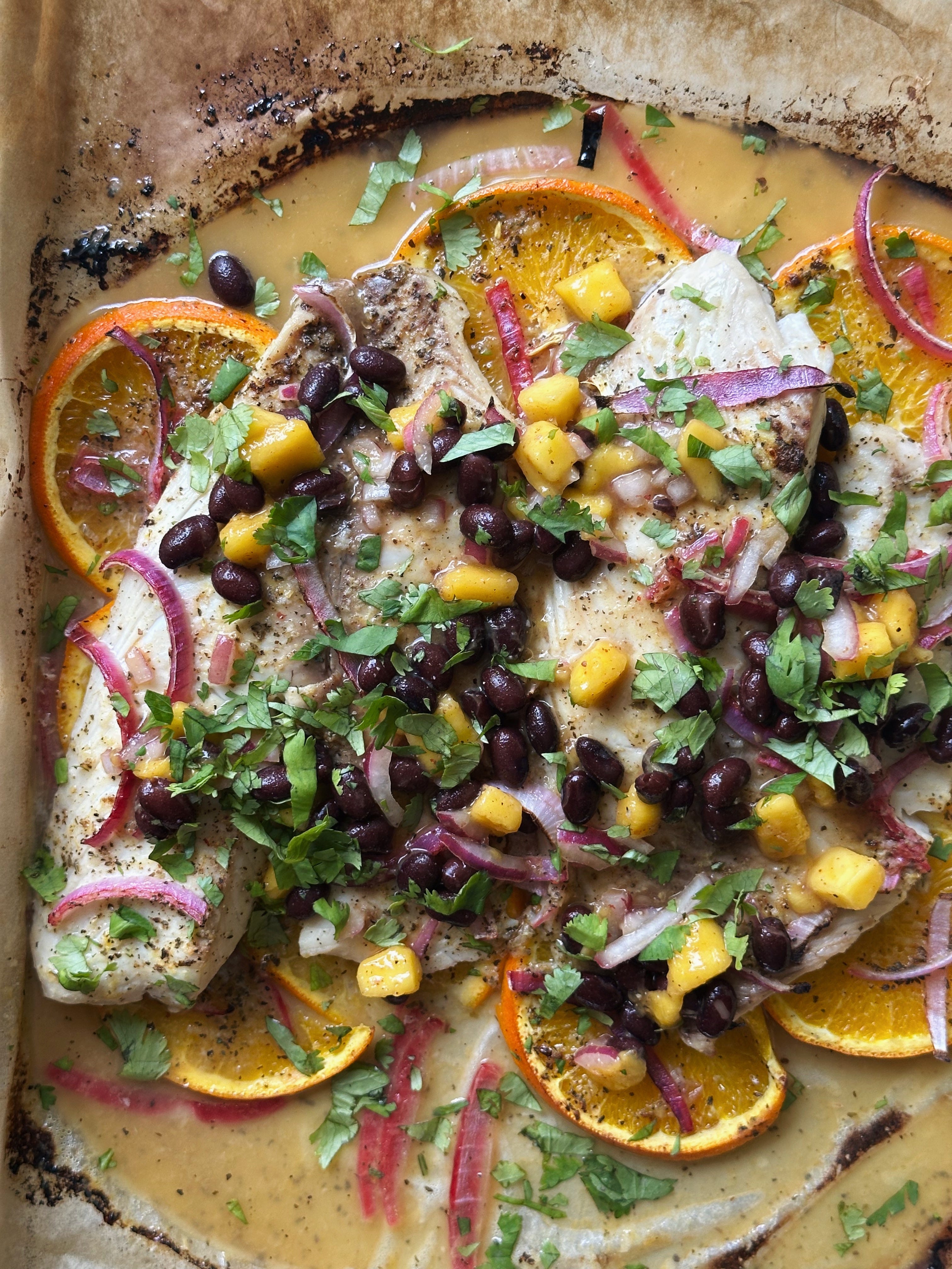 baked mojo tilapia with mango and black bean salsa