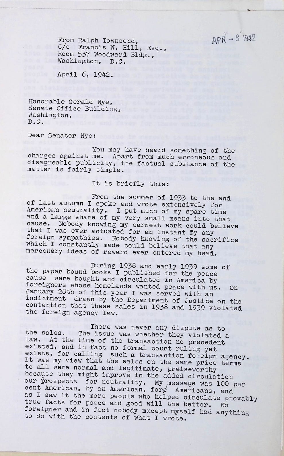Ralph Townsend to Sen. Gerald Nye (ND), Asking for a Character Letter ...