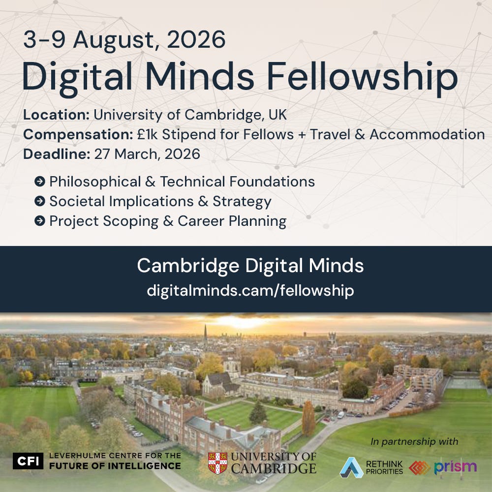 Apply for the Digital Minds Fellowship (Aug 3–9, Cambridge University)