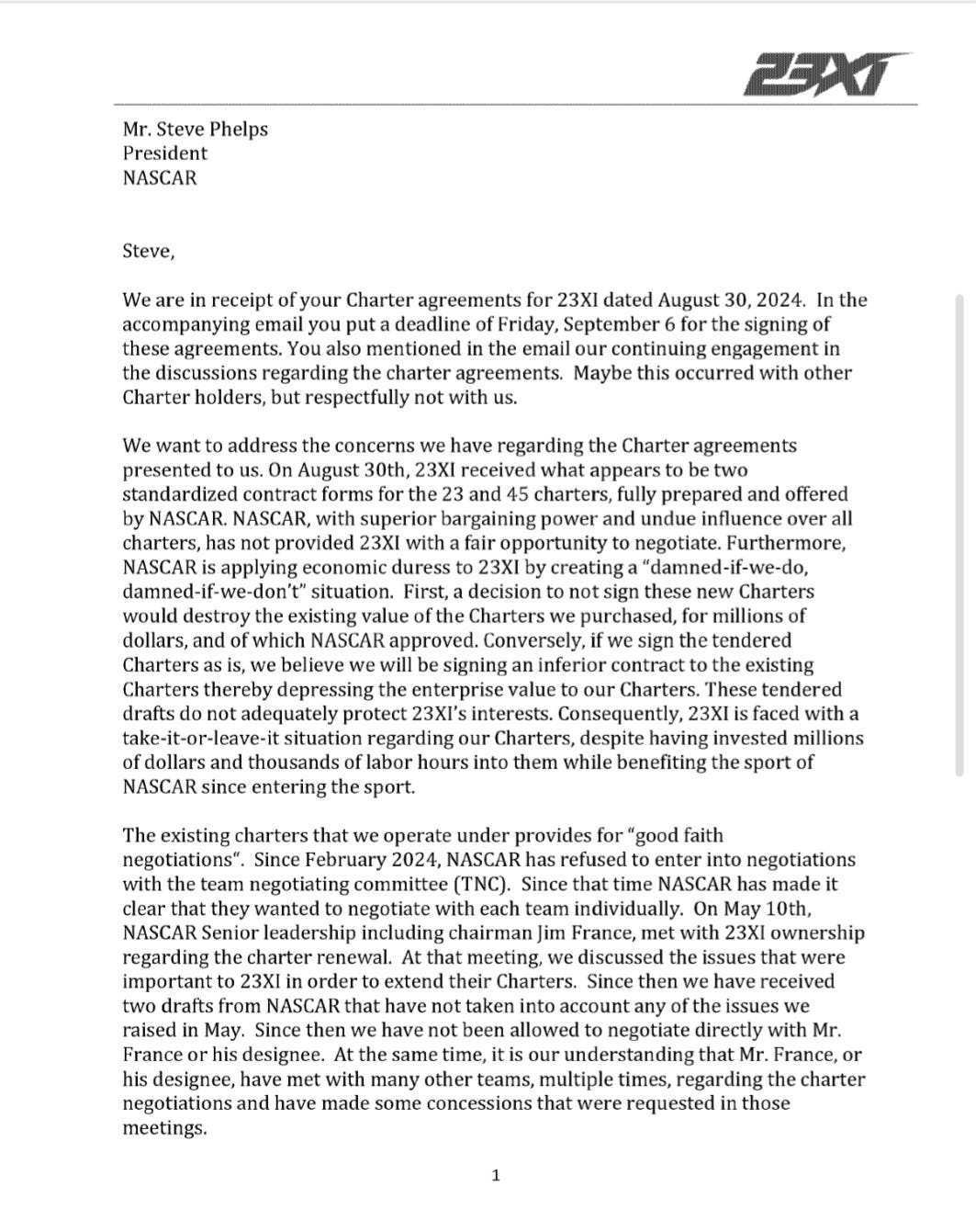 Copy Of Letter From 23XI Racing to NASCAR's Steve Phelps Sept. 6th ...