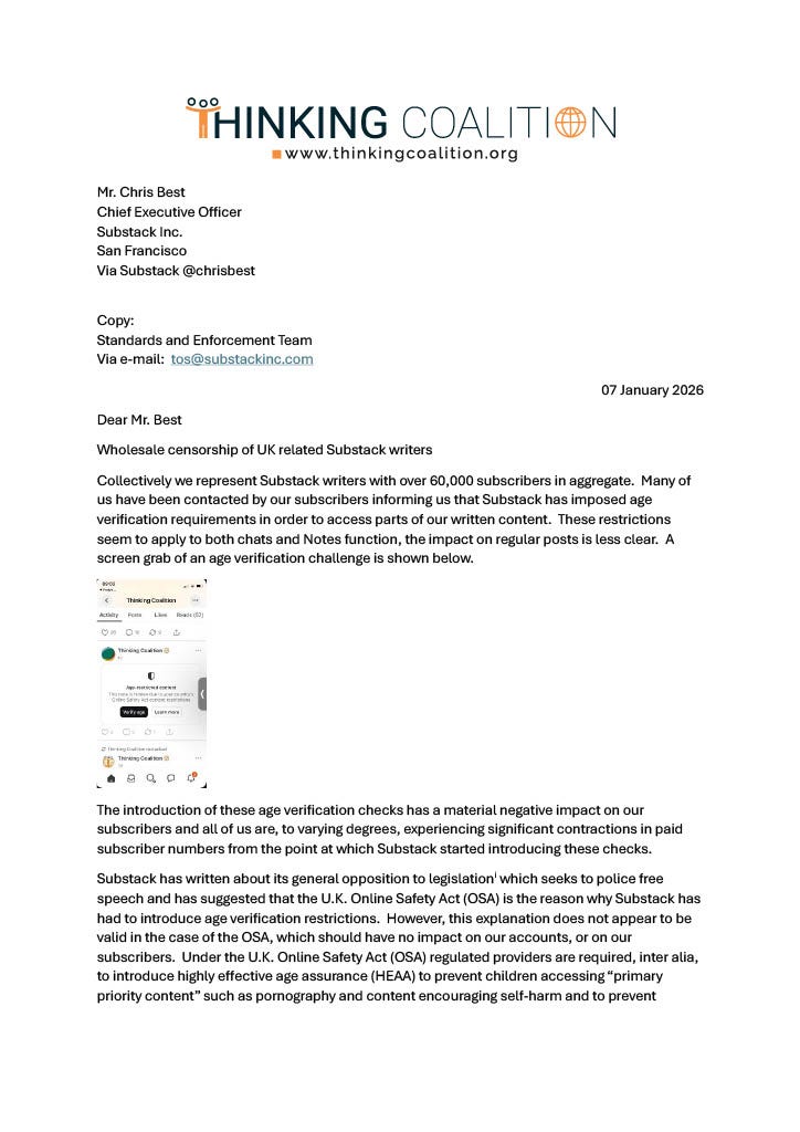 Thinking Coalition (@thinkingcoalition): "Update on letter to Substack ...