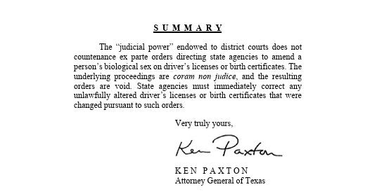 Texas AG Paxton Declares Court Orders "Void," Orders Gender Markers ...