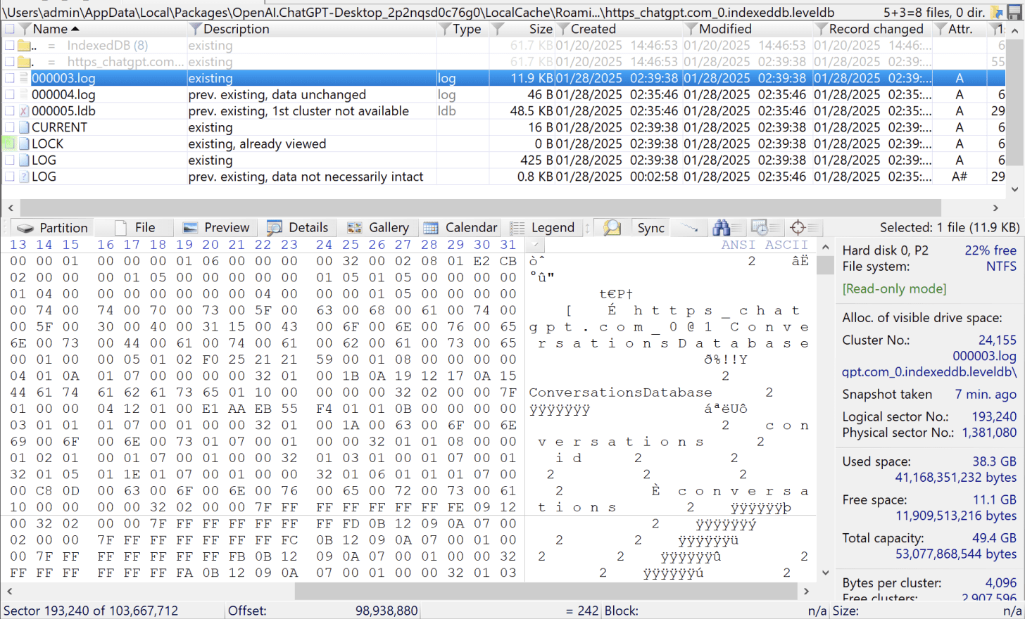 LevelDB WAL log - extracting ChatGPT desktop conversations