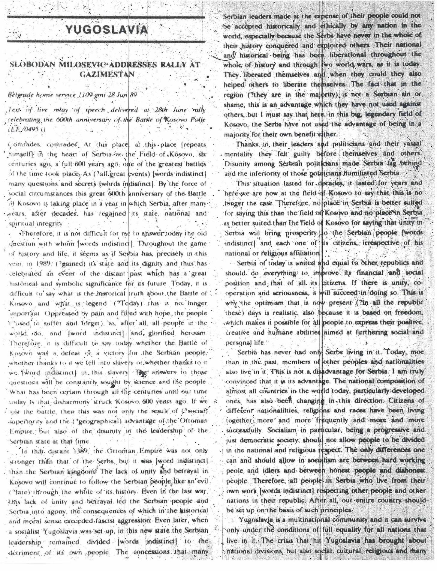 The BBC's translation of Milosevic's 1989 Kosovo Polje speech