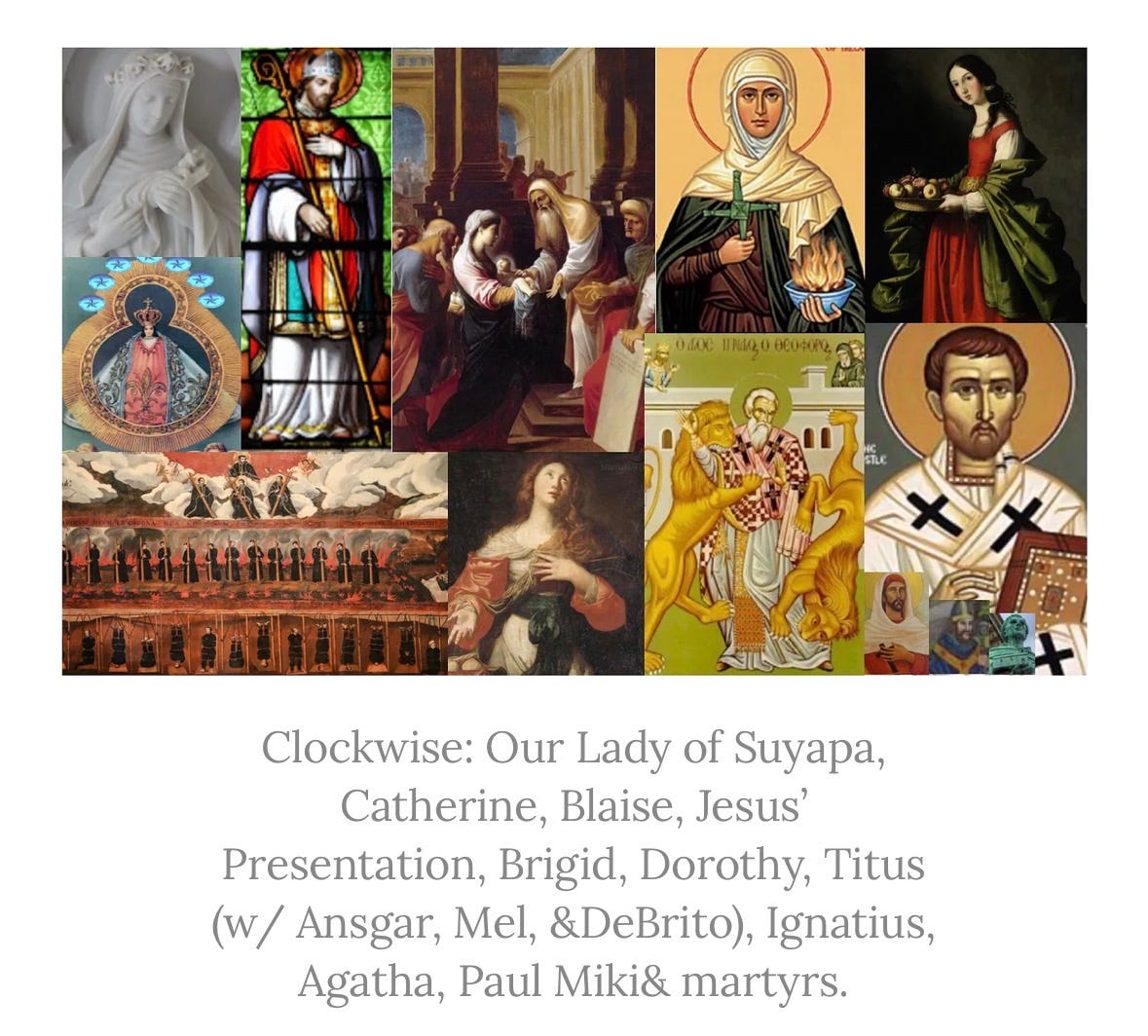 Saints: Candlemas, Blaise, Catherine, Brigid, Ignatius, Dorothy, Agatha ...