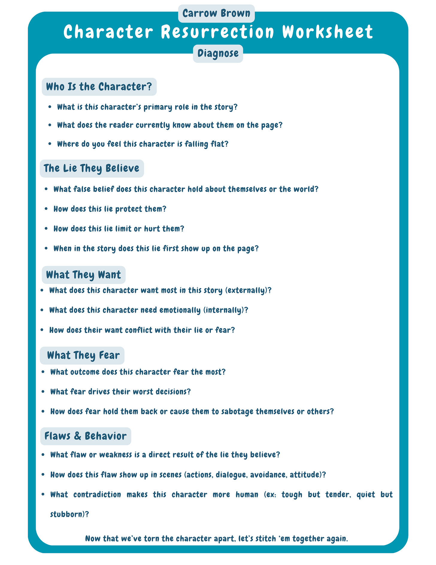 Character Resurrection Worksheet - by Carrow Brown