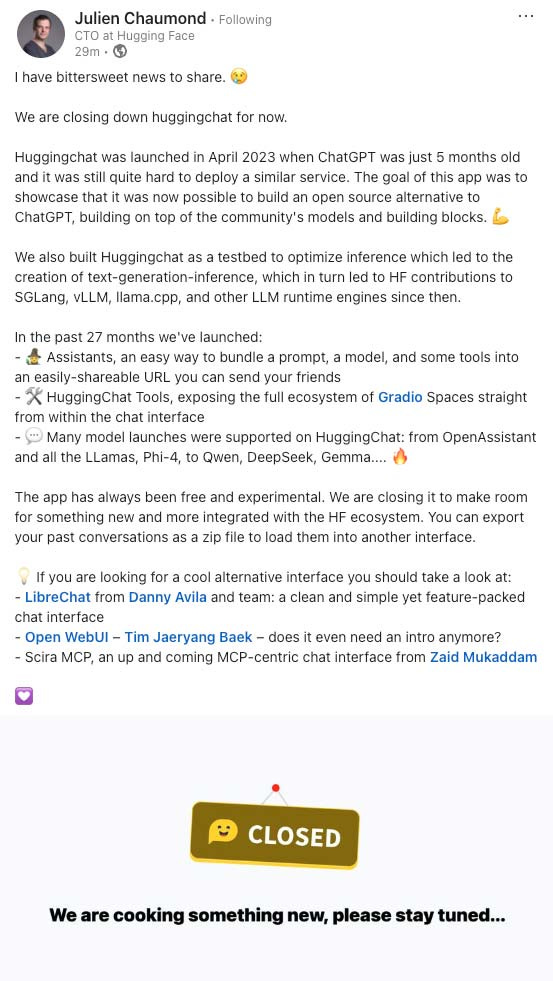 Hugging Face Sunsets HuggingChat, Hints at Reinvention Ahead