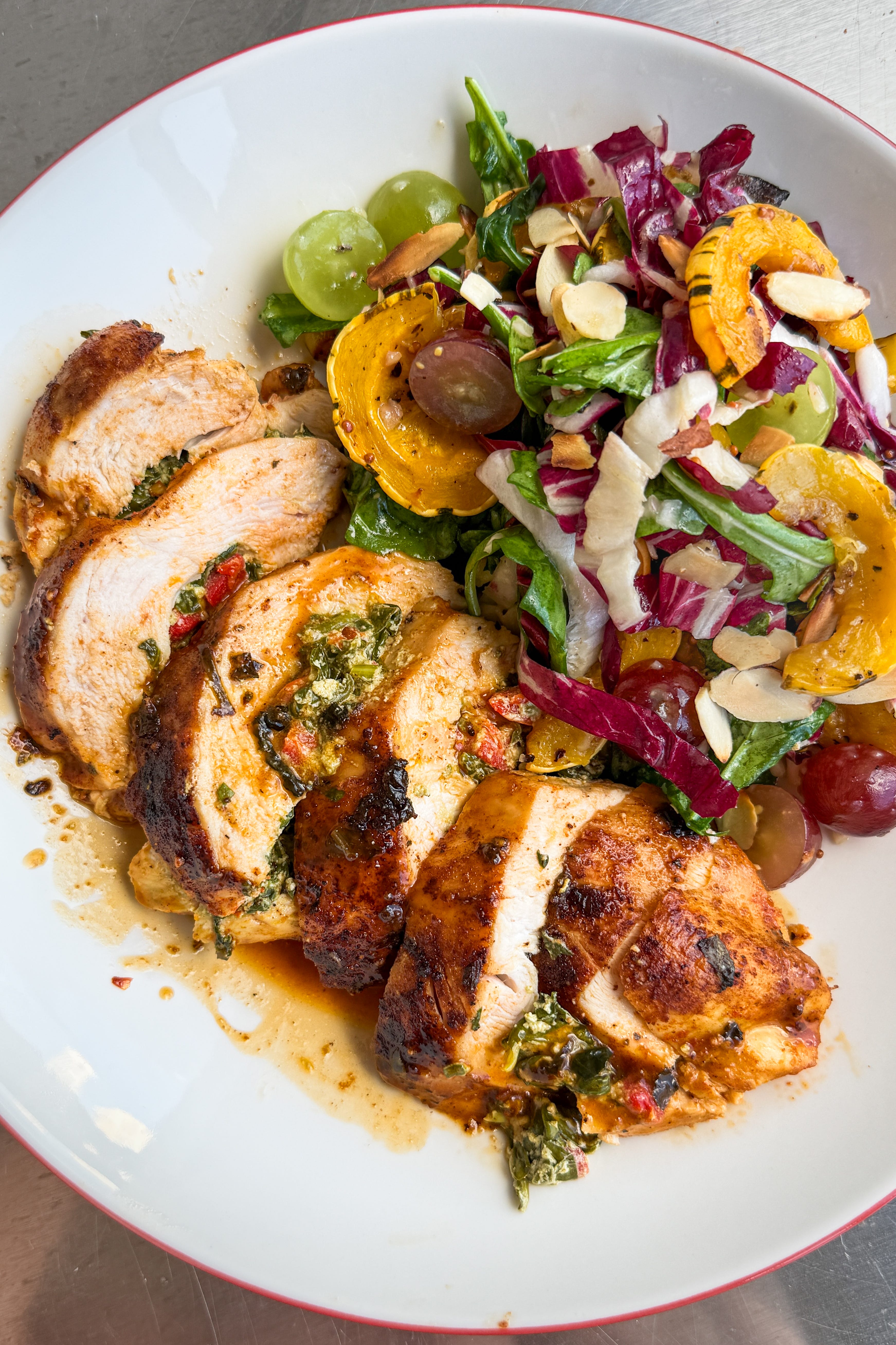 Tuscan Stuffed Chicken with California Grapes and Squash Salad