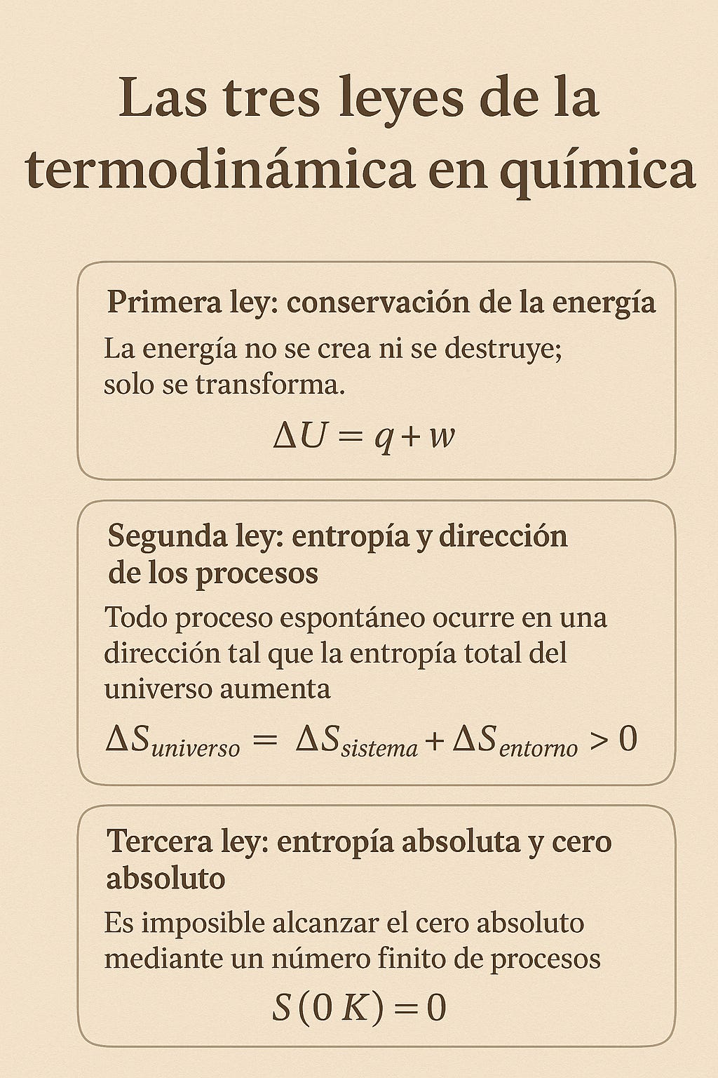 Las tres leyes de la termodinámica en química.