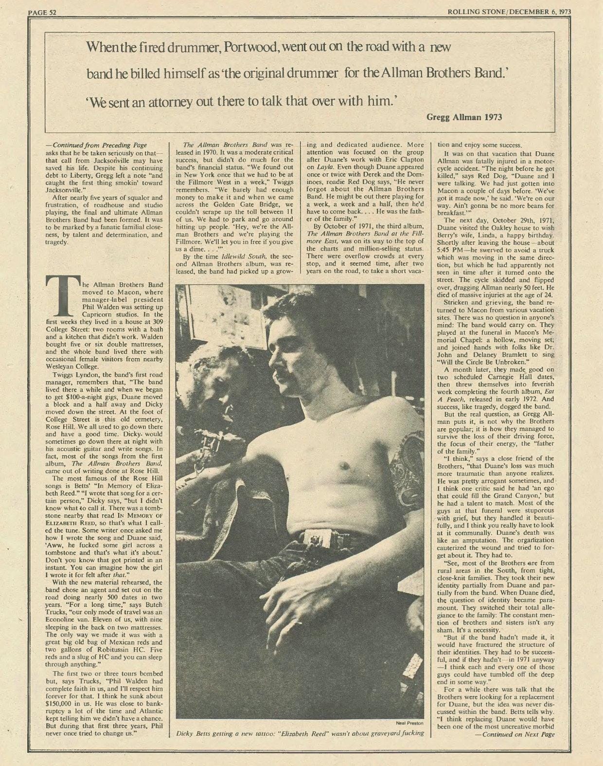 Cameron Crowe “The Allman Bros. Story,” Rolling Stone, December 6, 1973