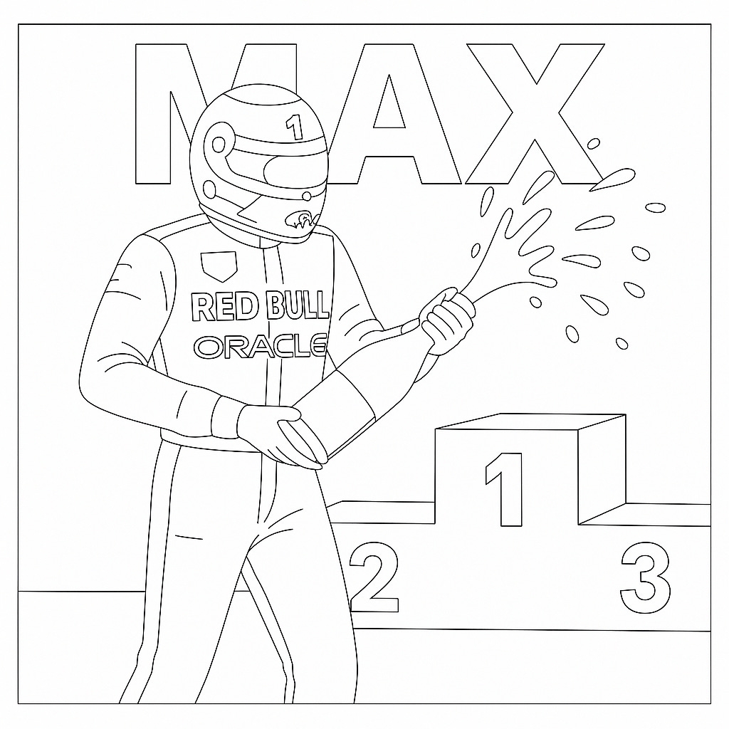 Coloring page of Max Verstappen spraying champagne