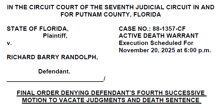 RANDOLPH WARRANT: Claims pending at Florida Supreme Court