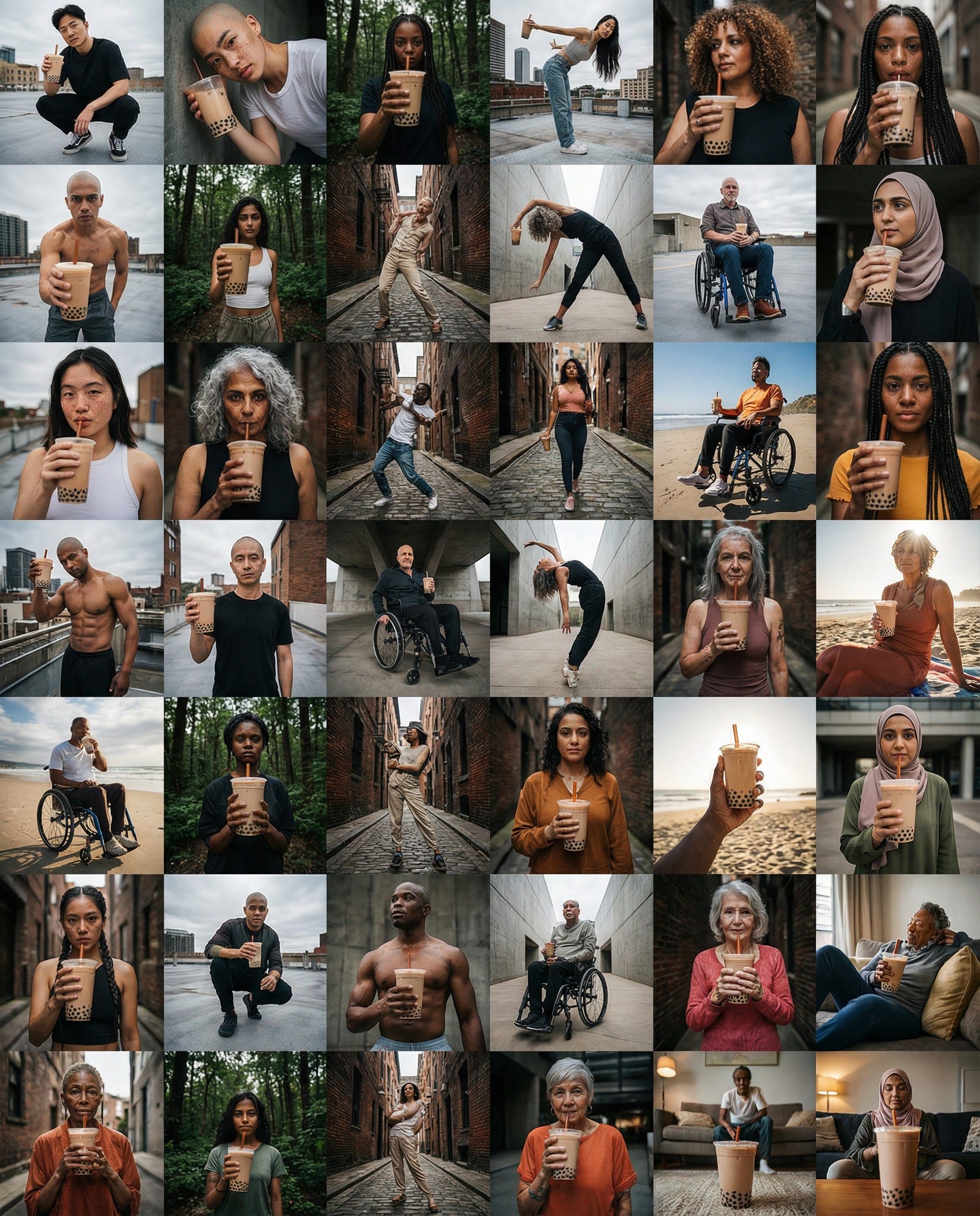 Create a 6x6 grid (36 UNIQUE models) showcasing your product with ONE ...