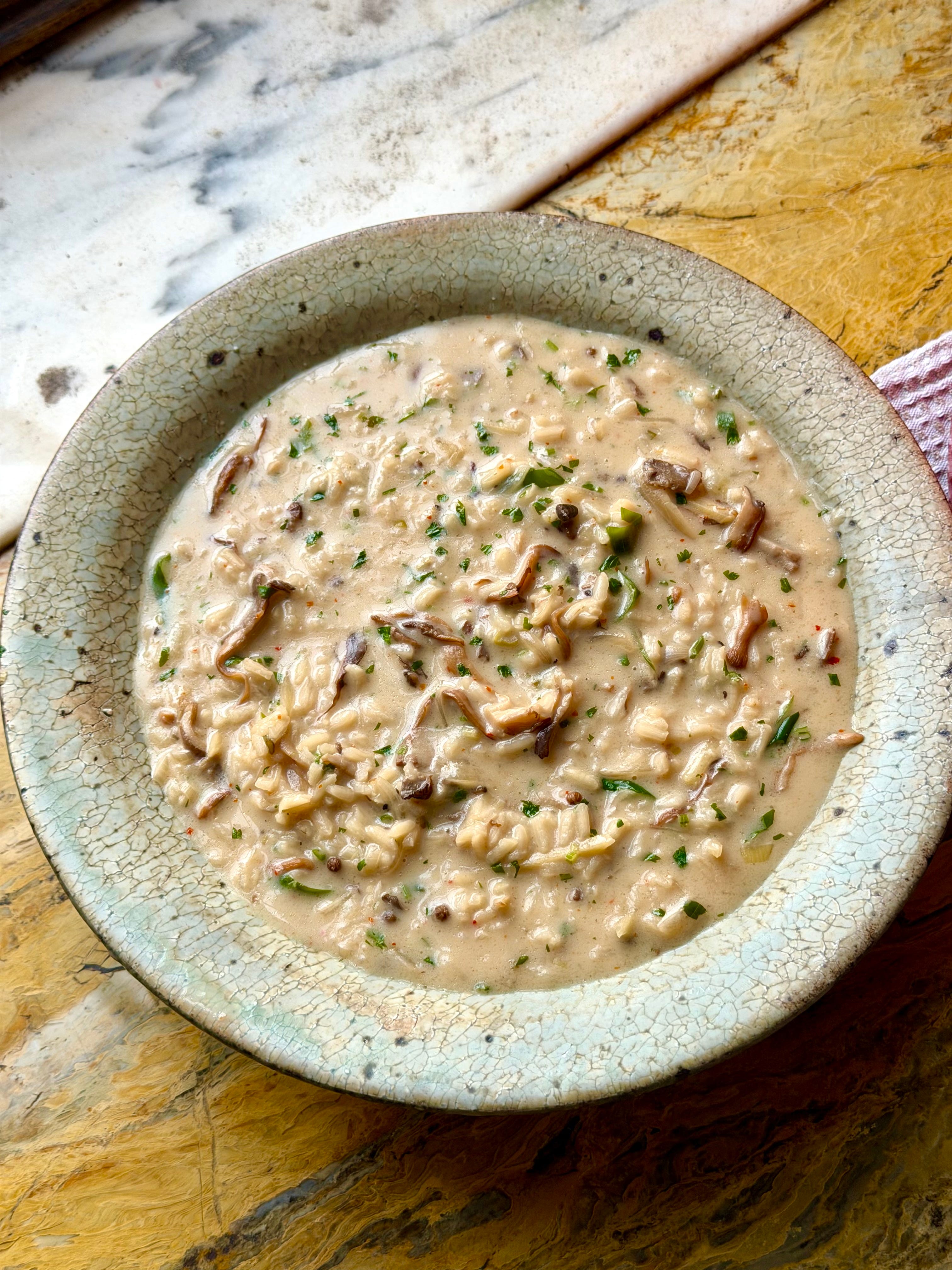 Creamy Oyster Mushroom and Rice Soup - by Pierce Abernathy