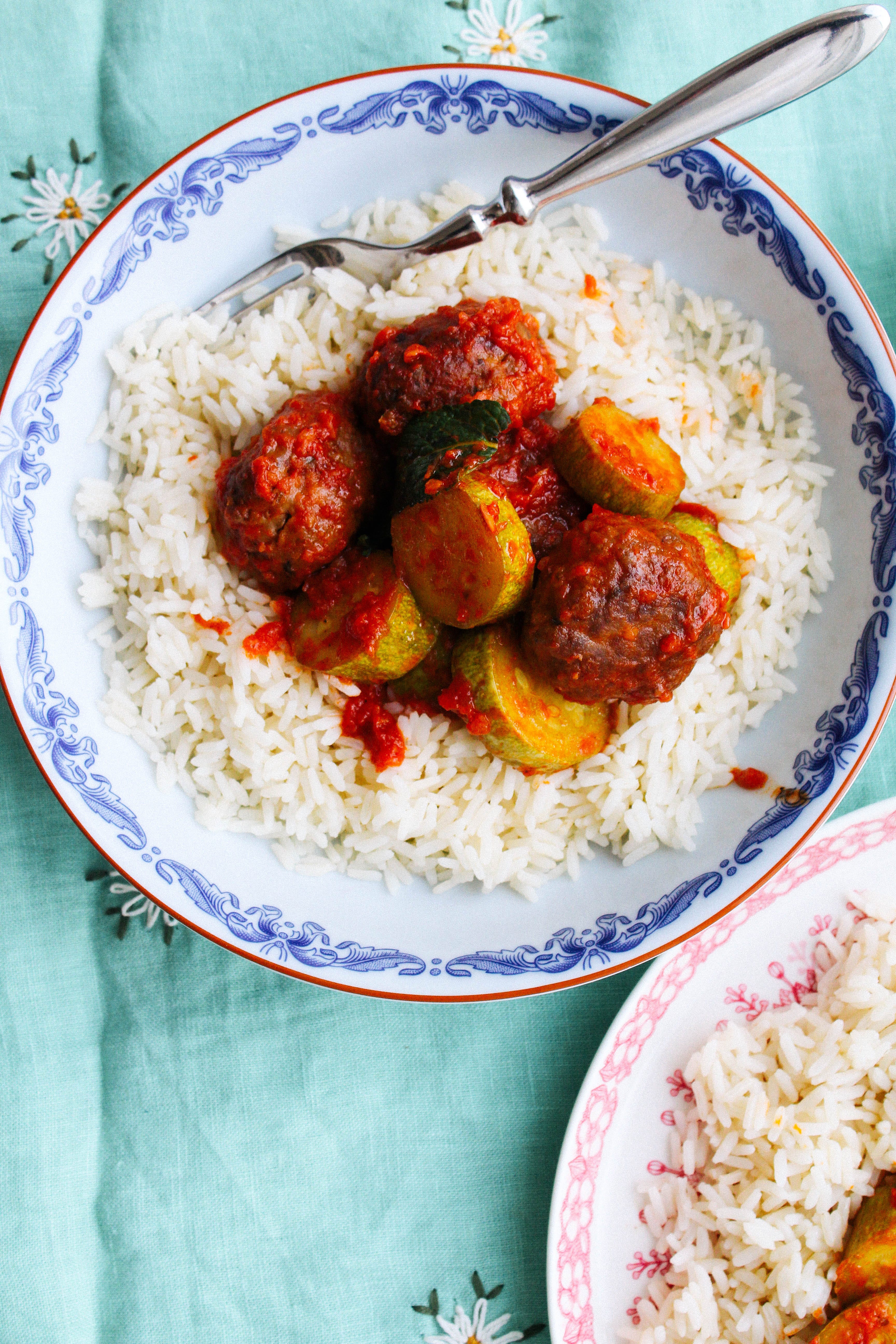 Greek Keftedes (meatballs) and zucchini in a warmly spiced tomato sauce ...