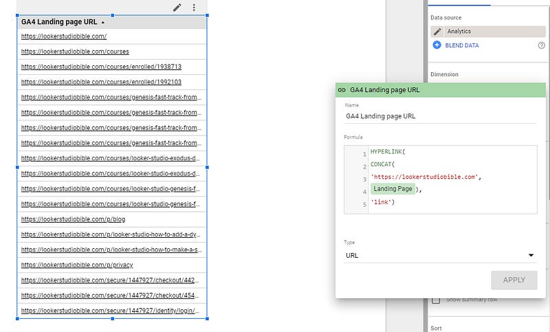 How to add a link in a table using the HYPERLINK function in Looker Studio?