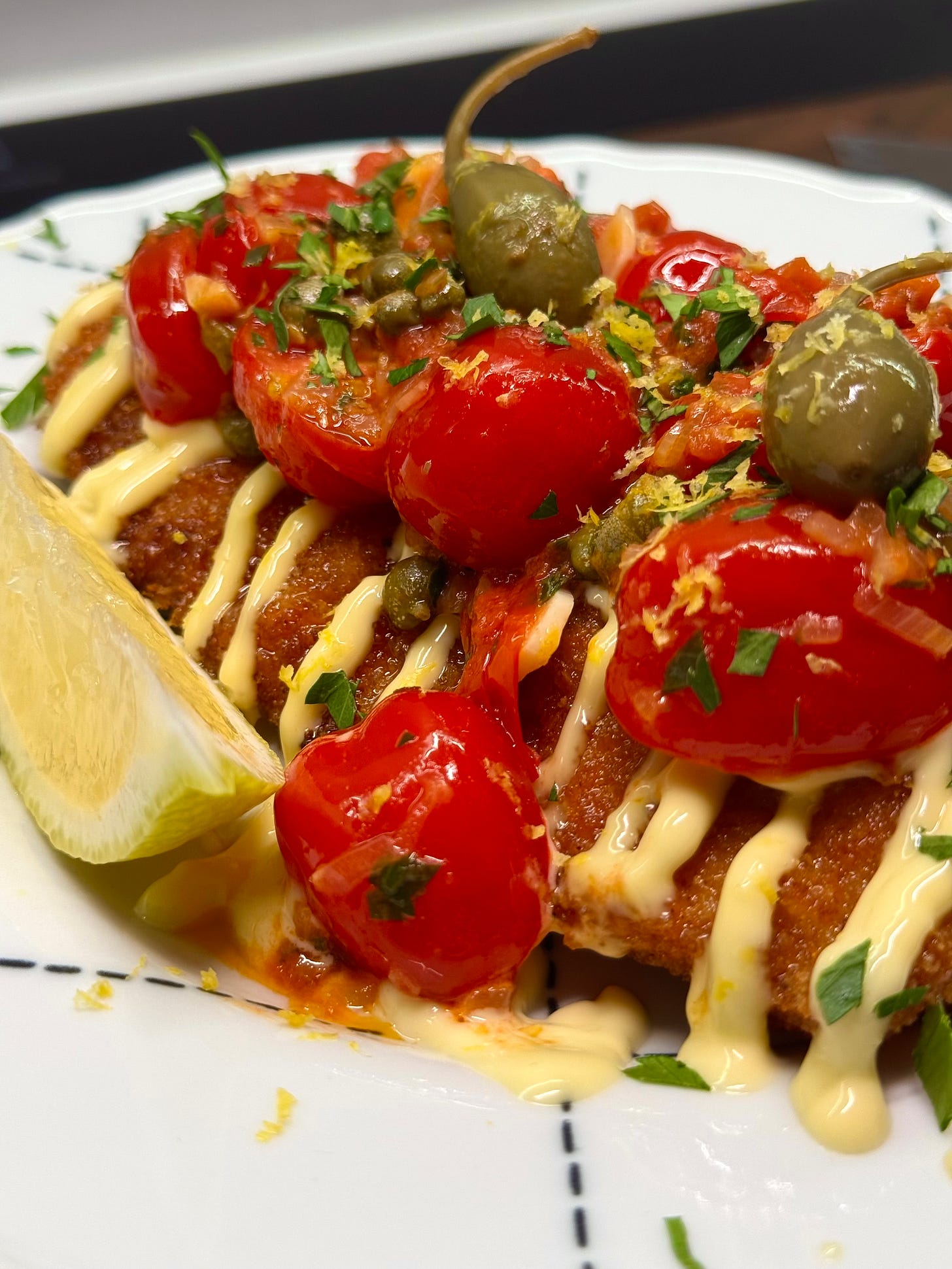 Crispy Chicken Schnitzel with Sardine Puttanesca & Lemon–Garlic Sauce ...