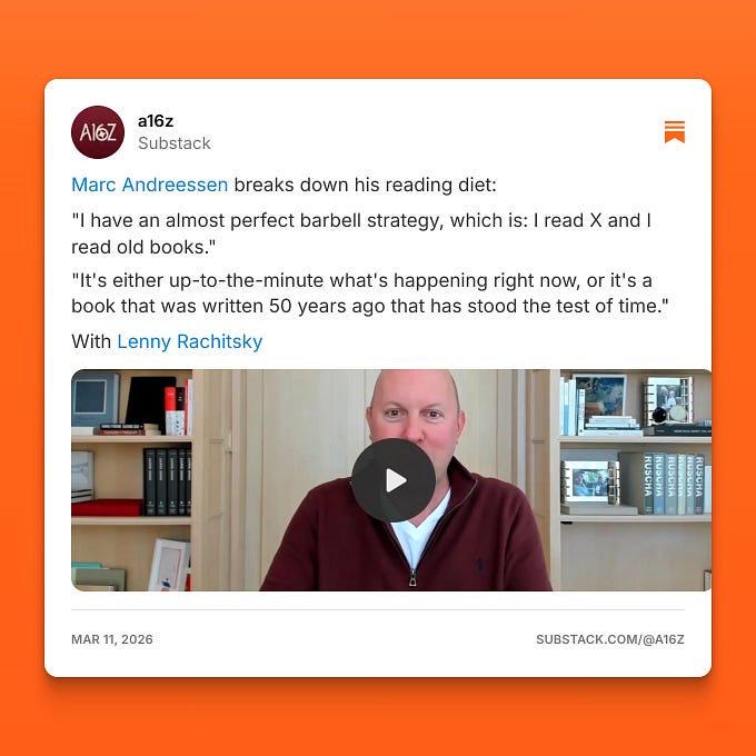 a16z (@a16z): "@Marc Andreessen breaks down his reading diet: "I have ...