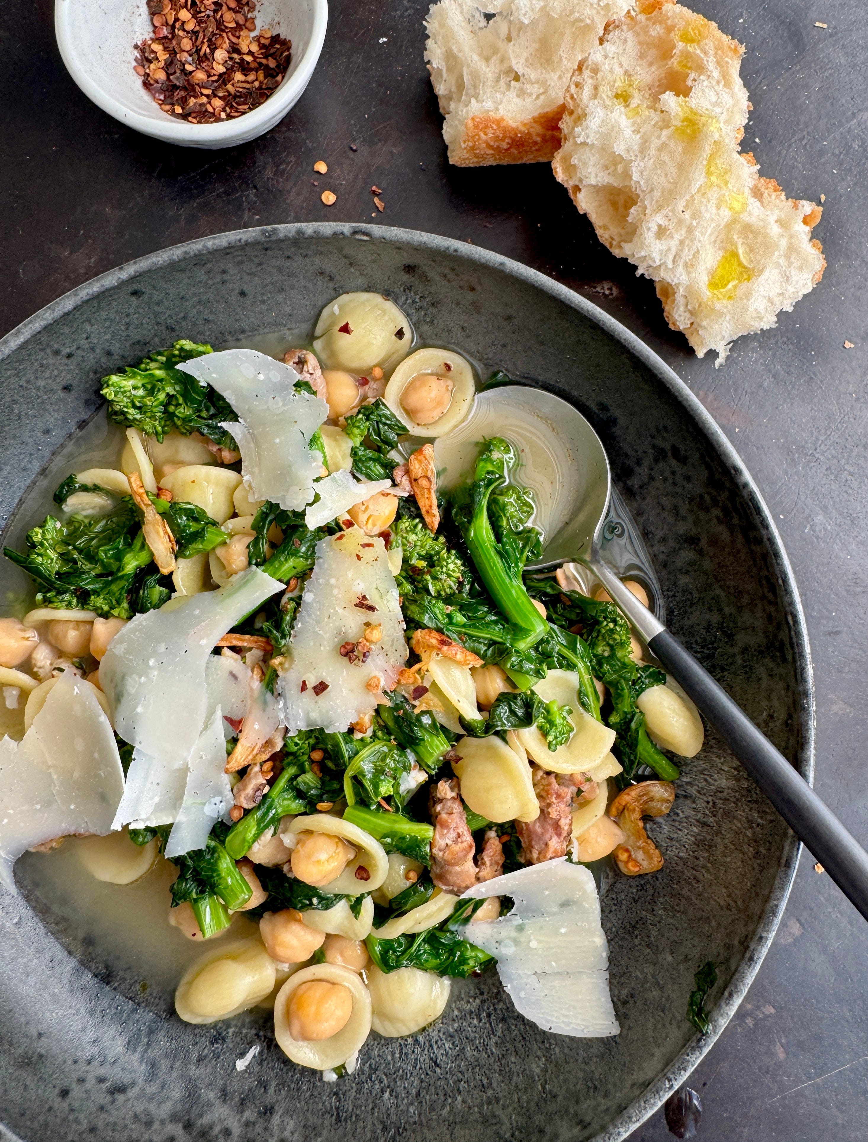 Brothy Pasta with Sausage and Broccoli Rabe, and Chickpeas too!