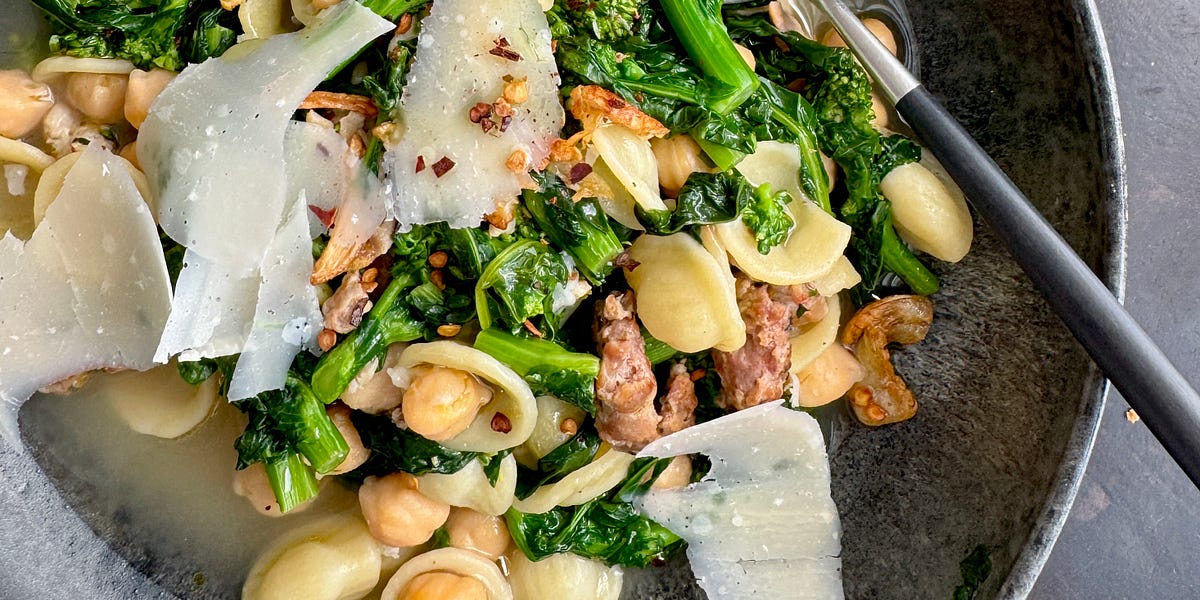 Brothy Pasta with Sausage and Broccoli Rabe, and Chickpeas too!