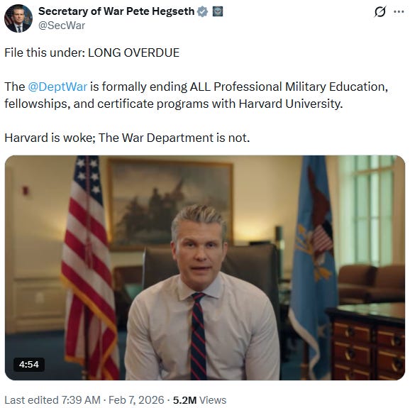 Department of War Cuts Ties with Harvard University
