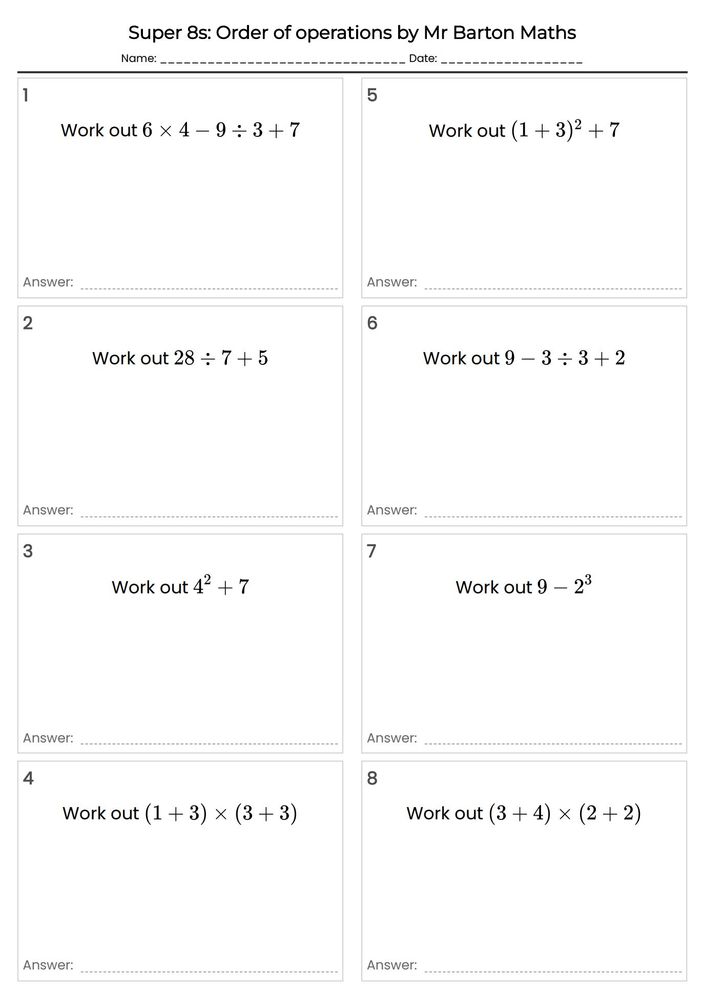Super 8s: Free maths resources - by Craig Barton