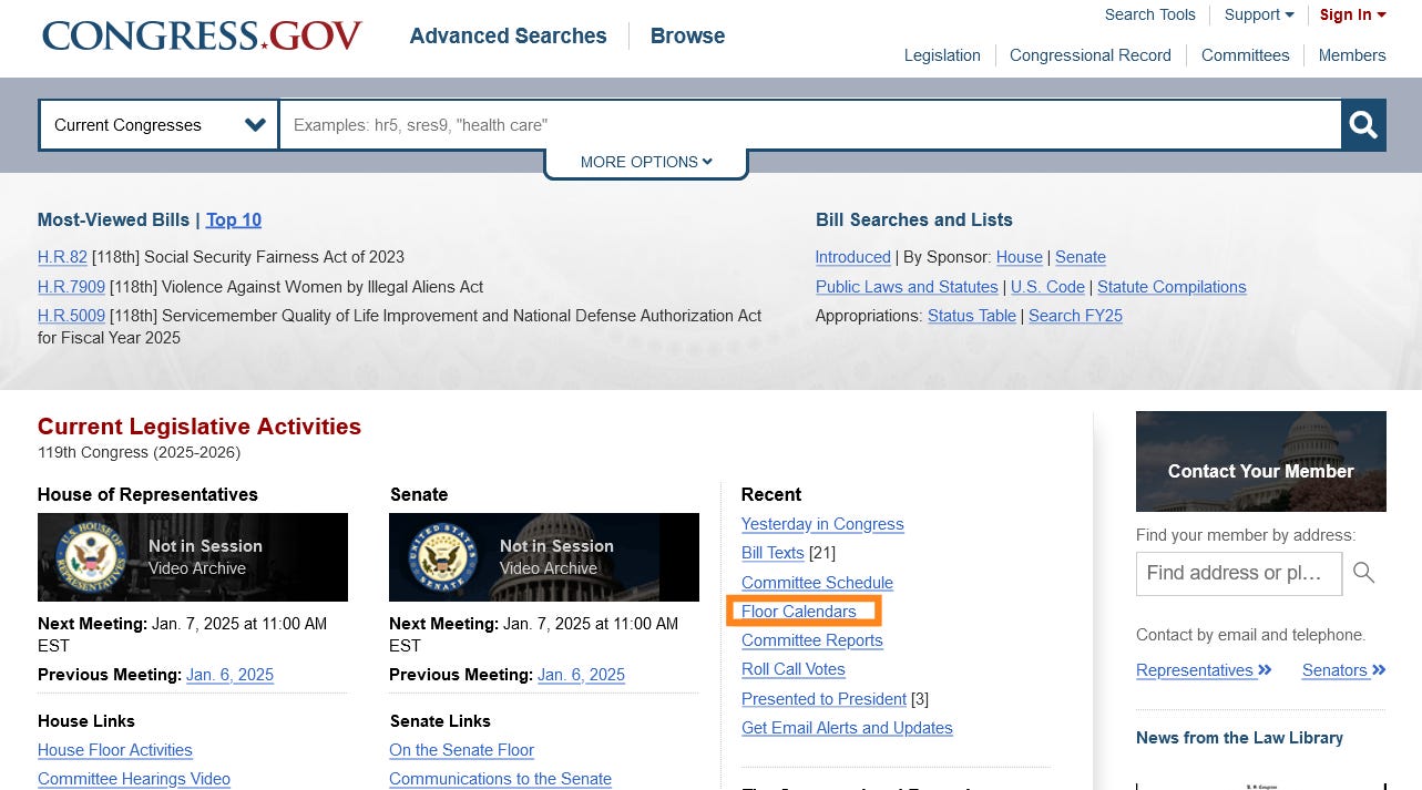 Calendars for the Senate and House of Representatives