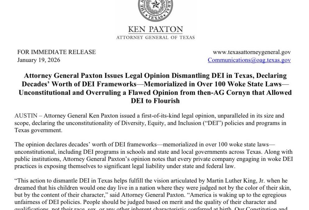 AG Ken Paxton Issues Landmark Legal Opinion on DEI in Texas