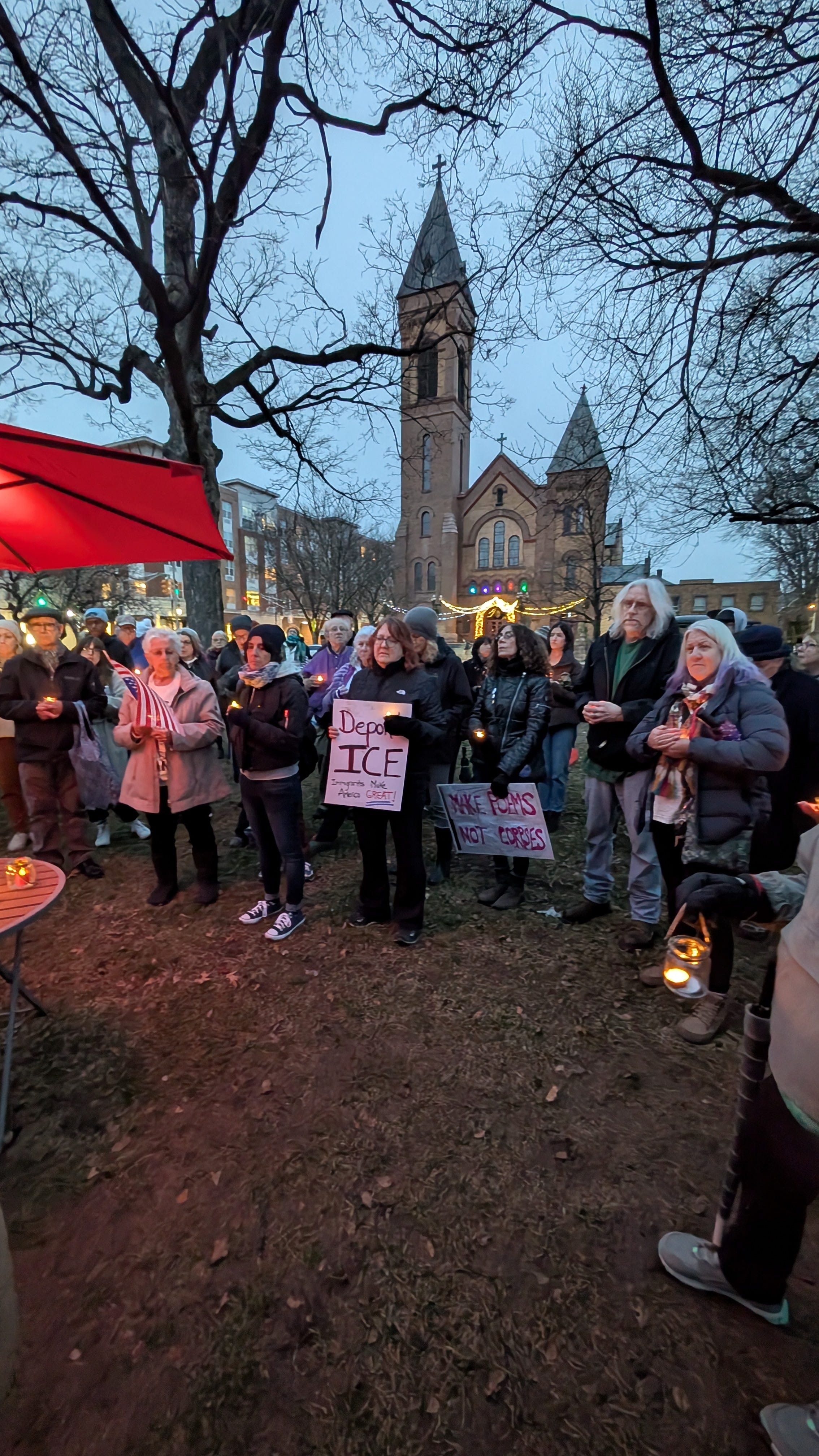A Vigil for Renee Good in Bloomfield at Dusk on Friday