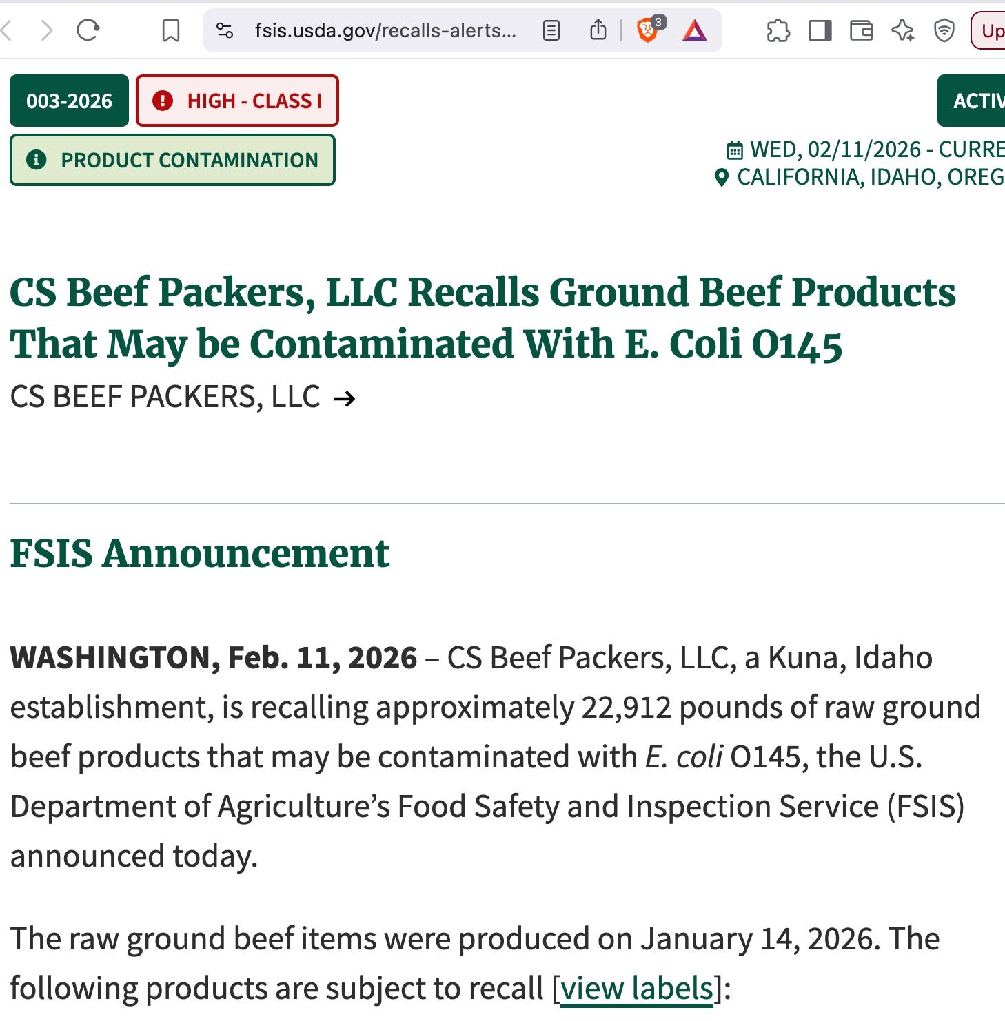 The USDA announced a recall of 23,000 lbs of ground beef tonight ...