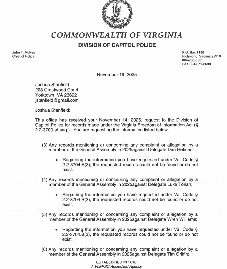Update: Sexual Assault Investigation by the VA Capitol Police