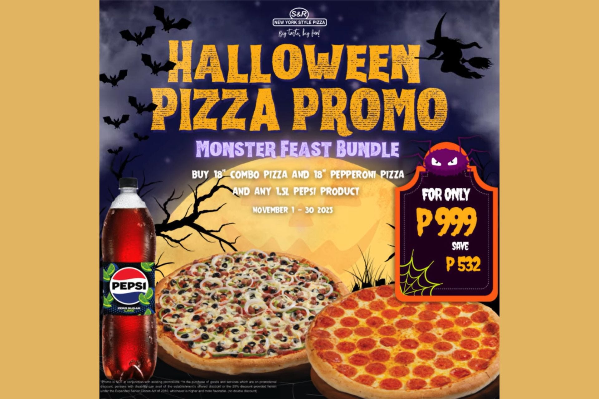 S&R Pizza November promo: Get 2 18-inch pizzas, 1.5L soda for 999 pesos