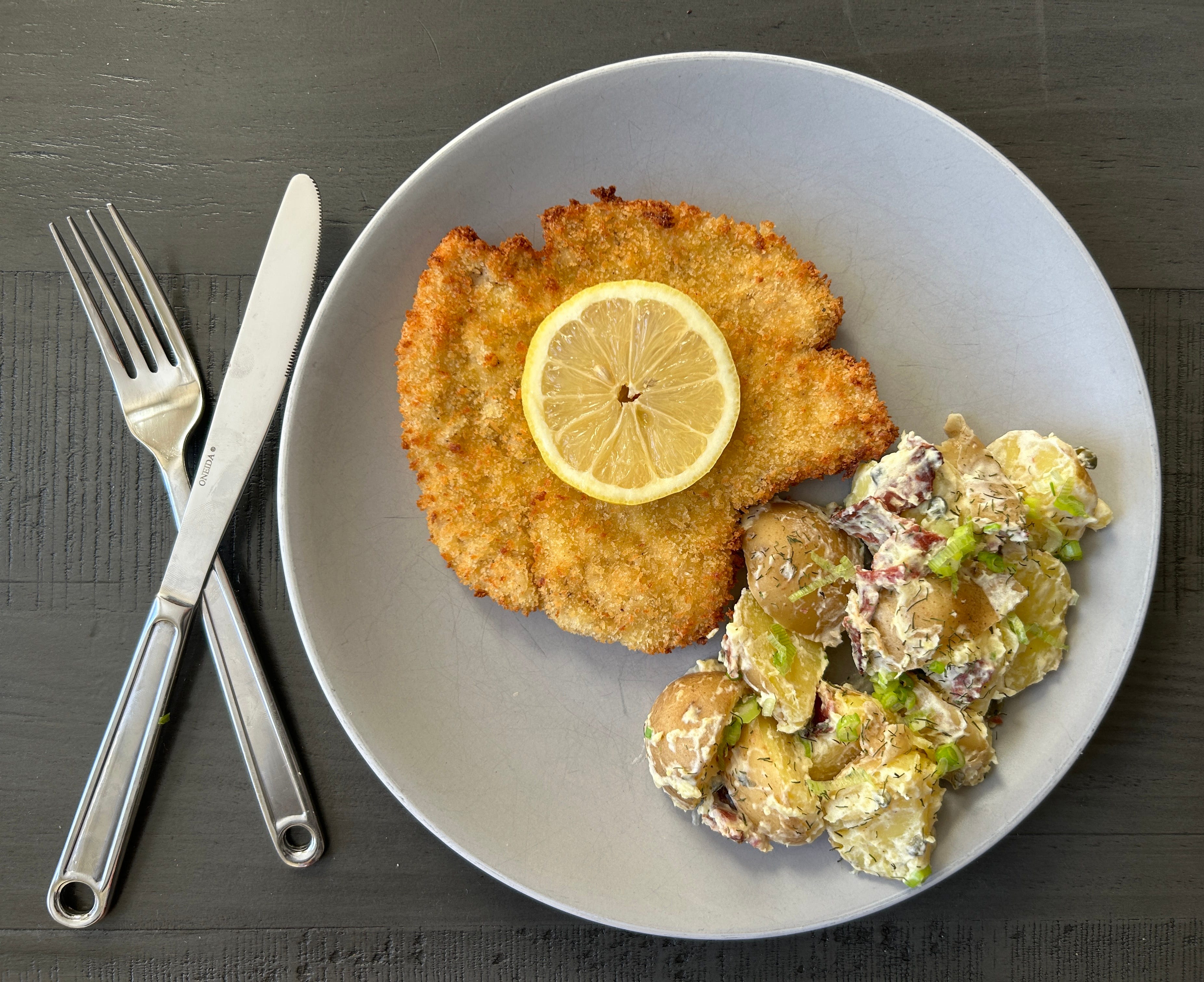 Crispy Chicken Schnitzel + Potato Salad - by Marcus Matkins