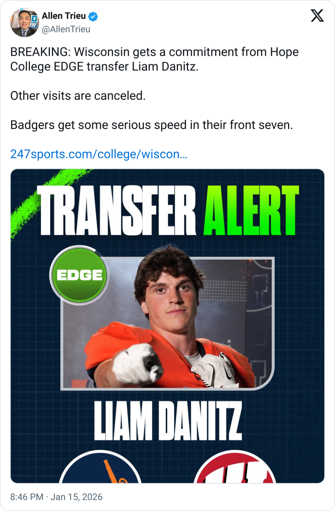 Badgers Land "Freak" Athlete and D-III All-American Liam Danitz