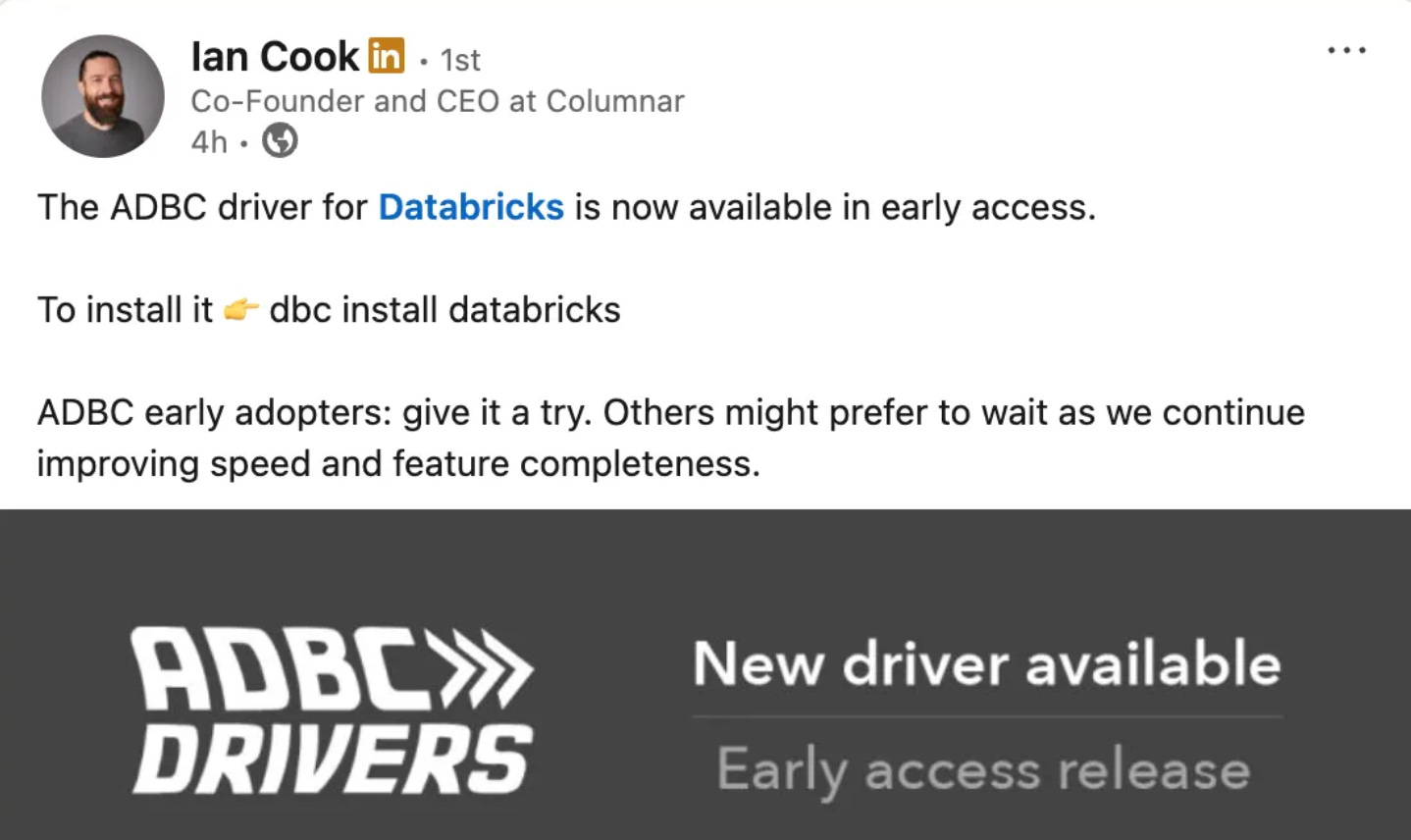 ADBC Arrow Driver for Databricks - by Daniel Beach