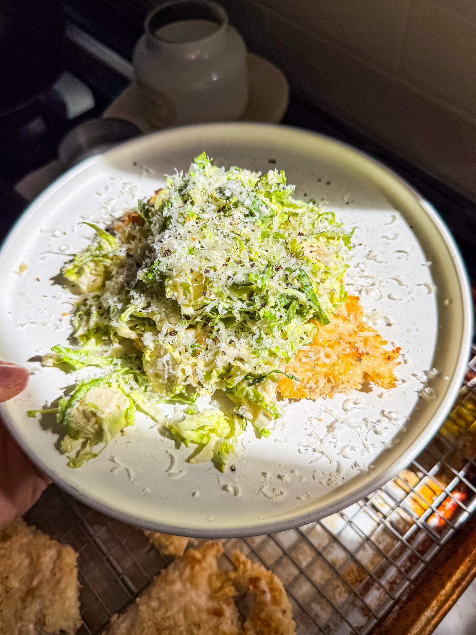 Shredded Brussels Sprout Caesar Chicken Cutlet