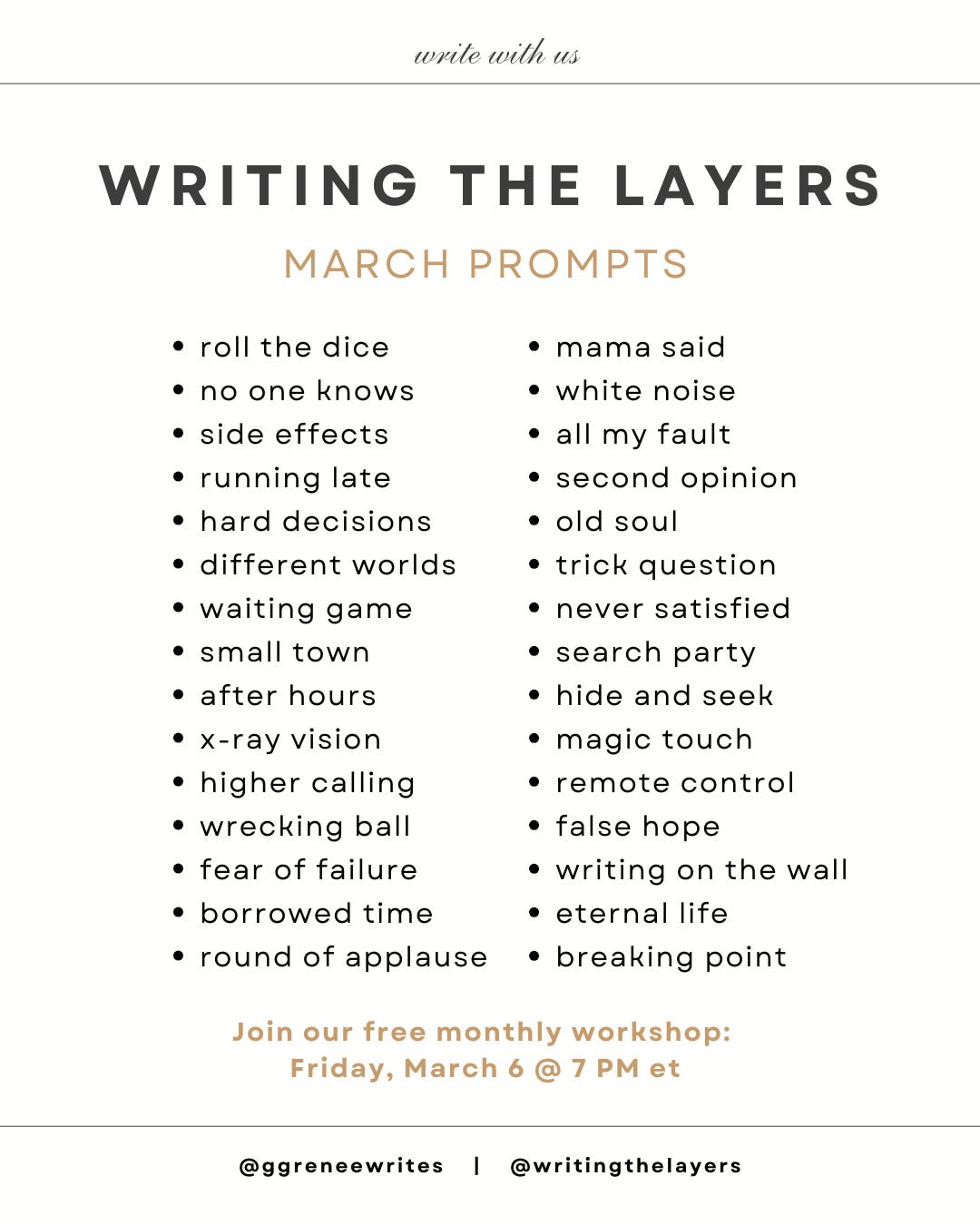 march writing prompts + upcoming workshops