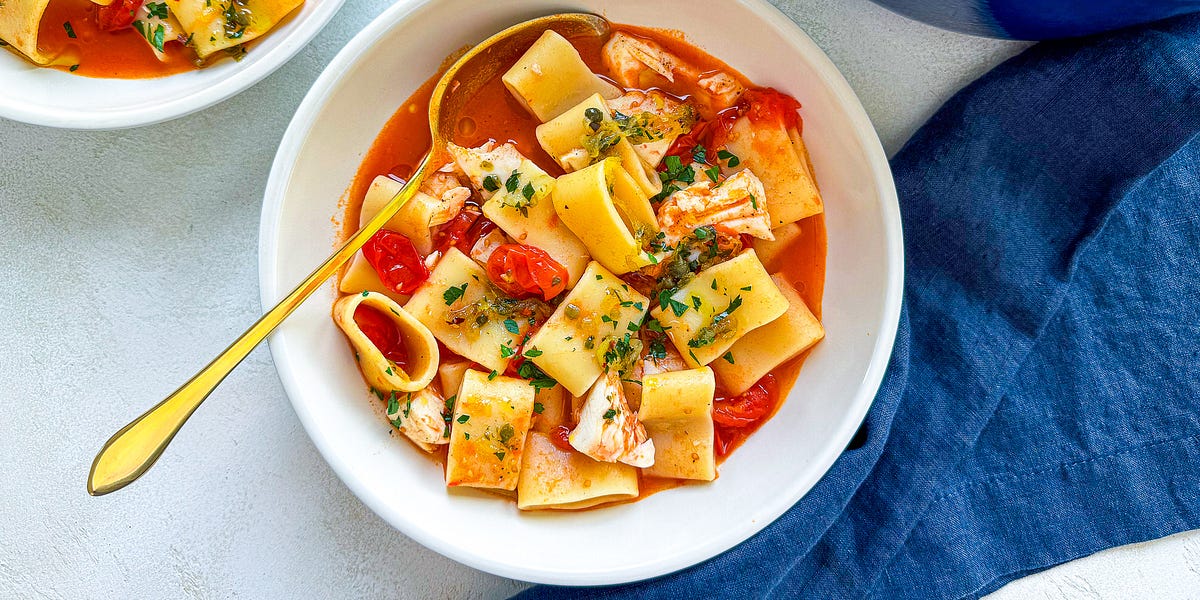 brothy tomato pasta with white fish, sizzled shallots & capers
