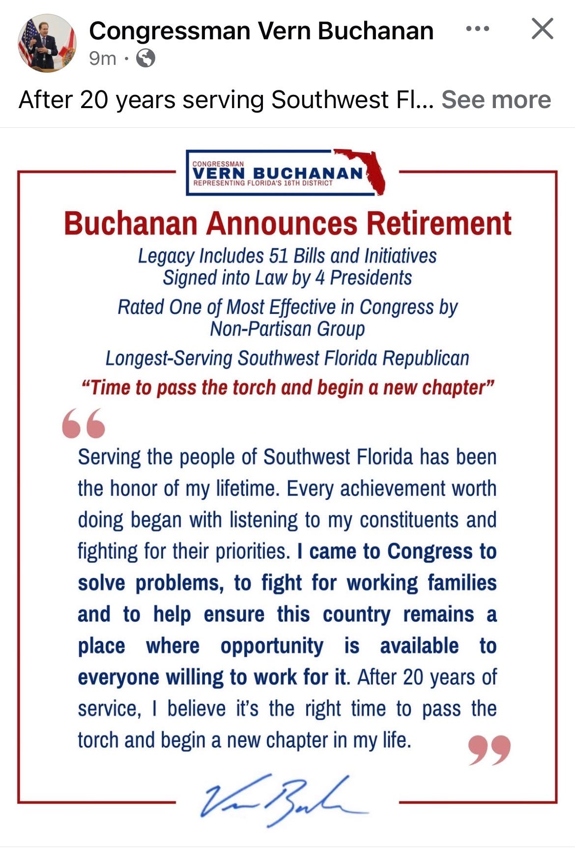 Rep. Vern Buchanan announces retirement