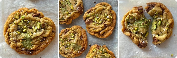 Mariam on Substack: "brown butter pistachio chocolate chip cookies stuffed with pistachio paste ...
