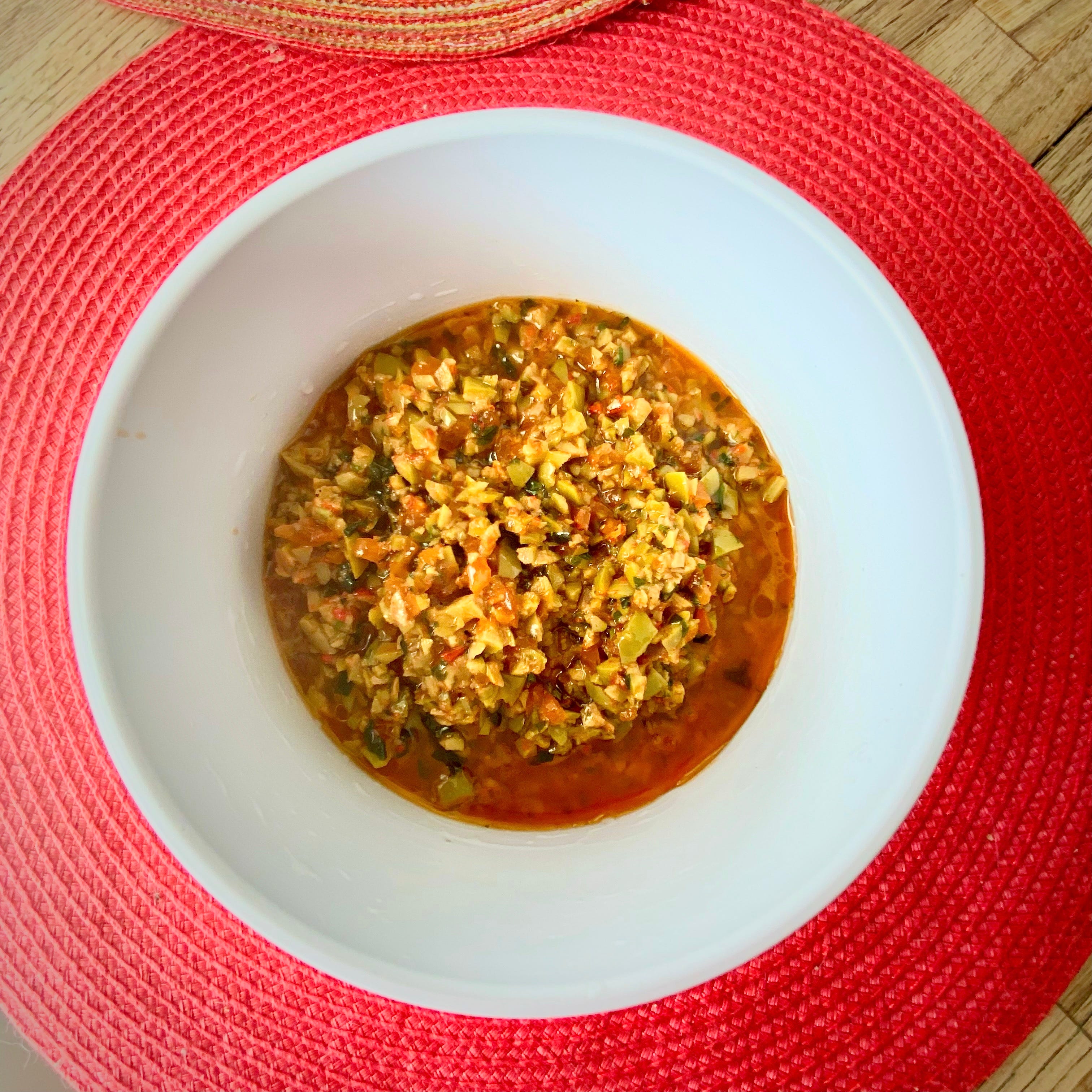 Green olive-red pepper relish - by Shauna James Ahern