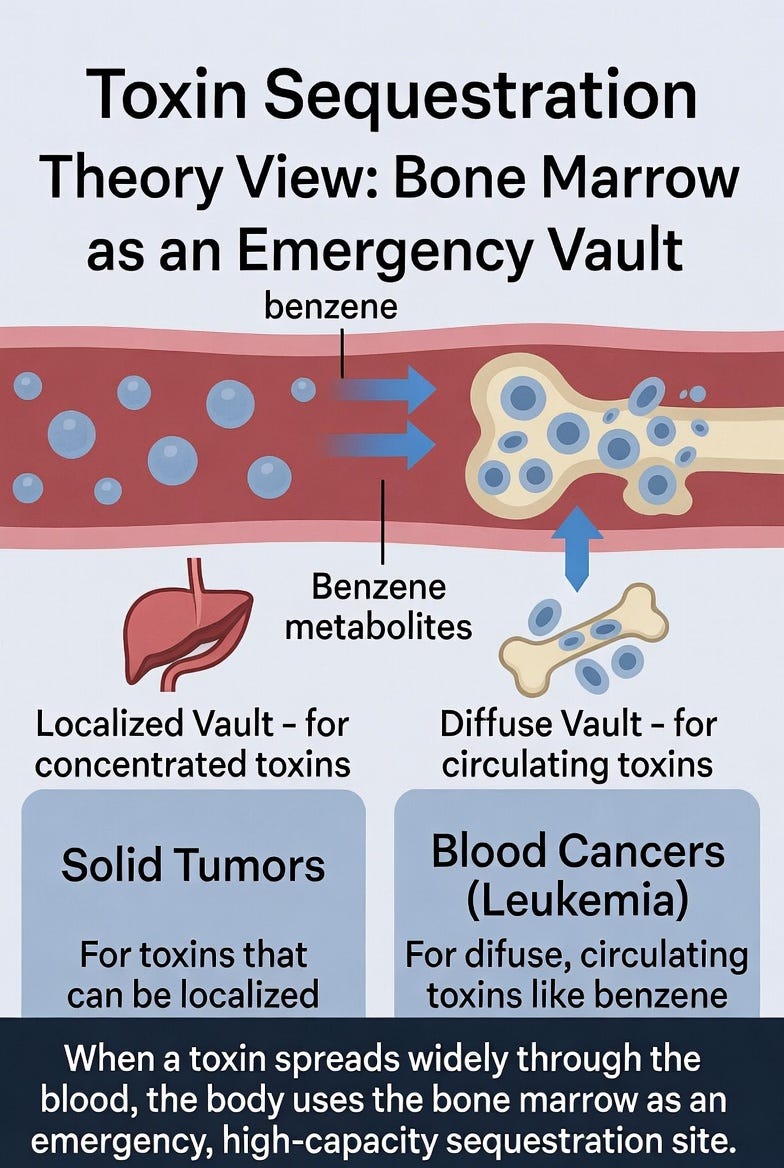 Why Blood Cancers Form: Benzene, Diffuse Toxins, and the Bone Marrow Vault