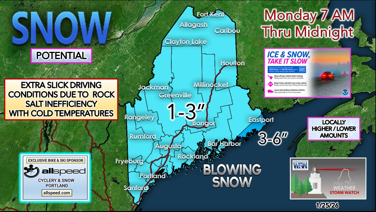 Snow ends Monday night; below normal cold continues
