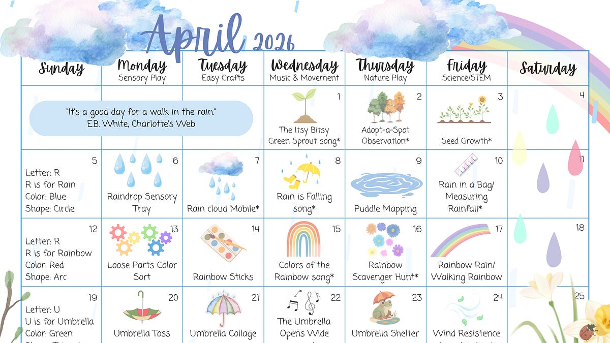 April Play & Learn Calendar - by Lindsay | KidLit Grove