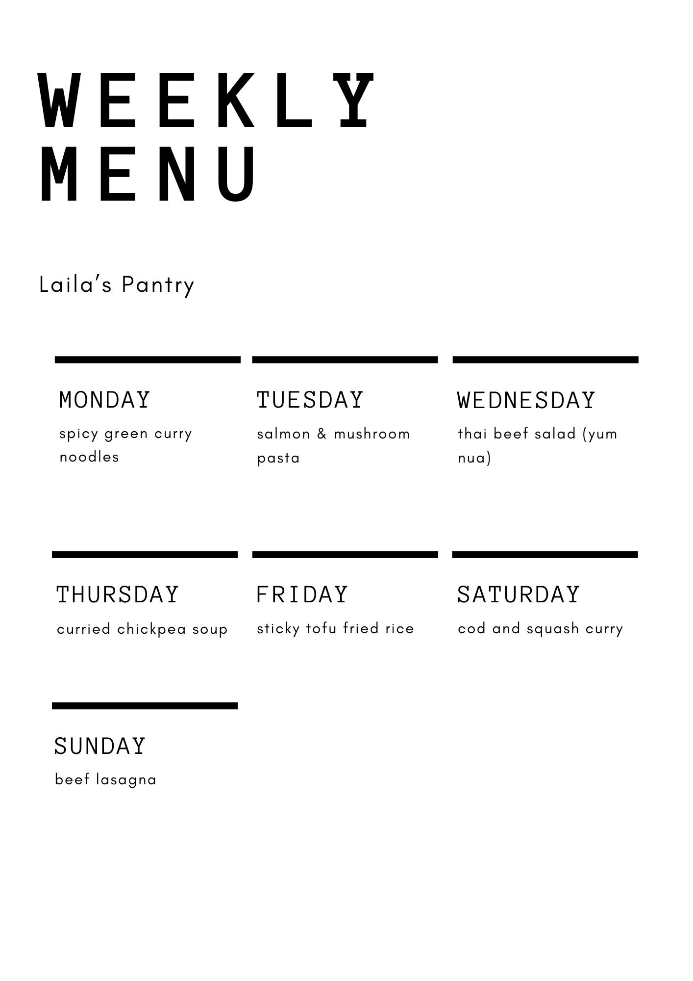 Weekly Meal Plan + Grocery List - by Laila Mirza