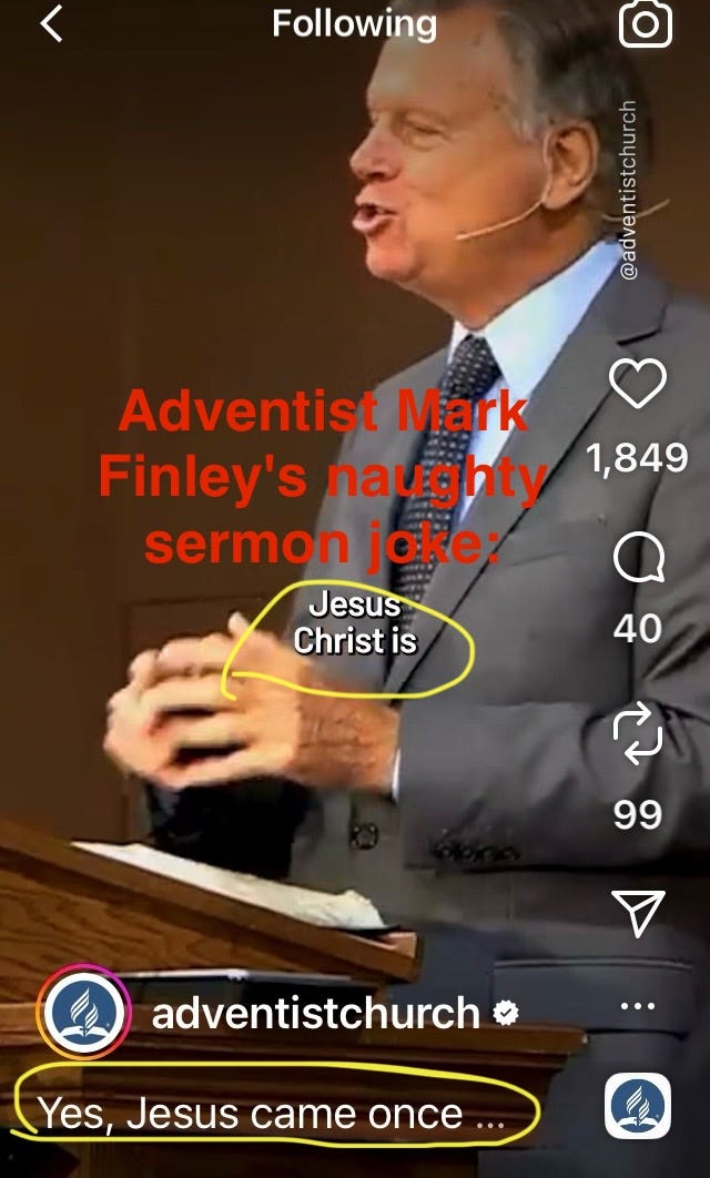 Seventh-day Adventist pastor Mark Finley's naughty sermon joke