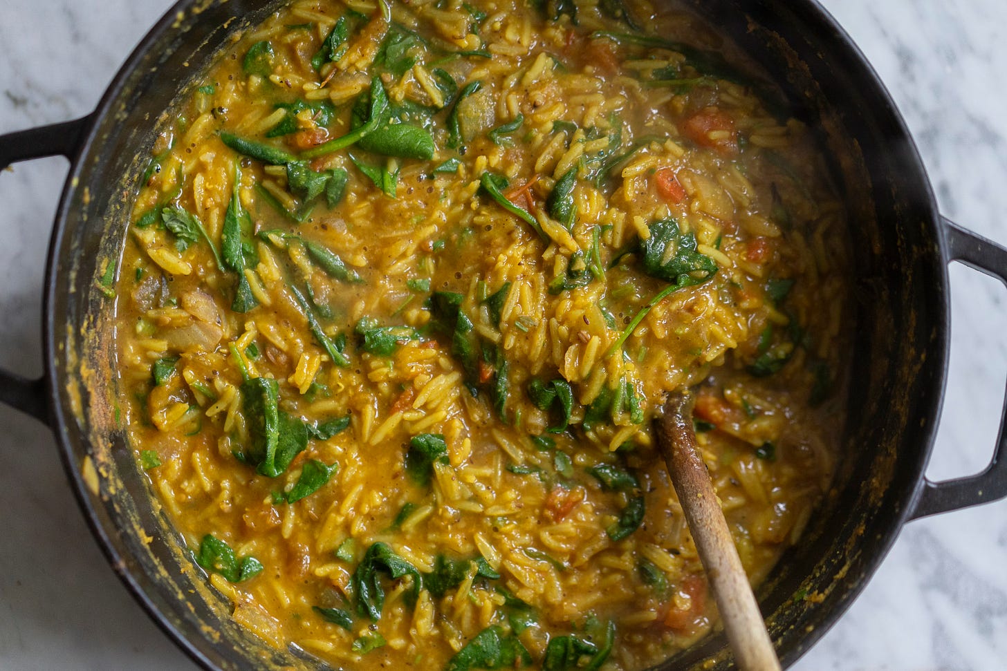 Palak khichdi (spinach, rice and red lentils)