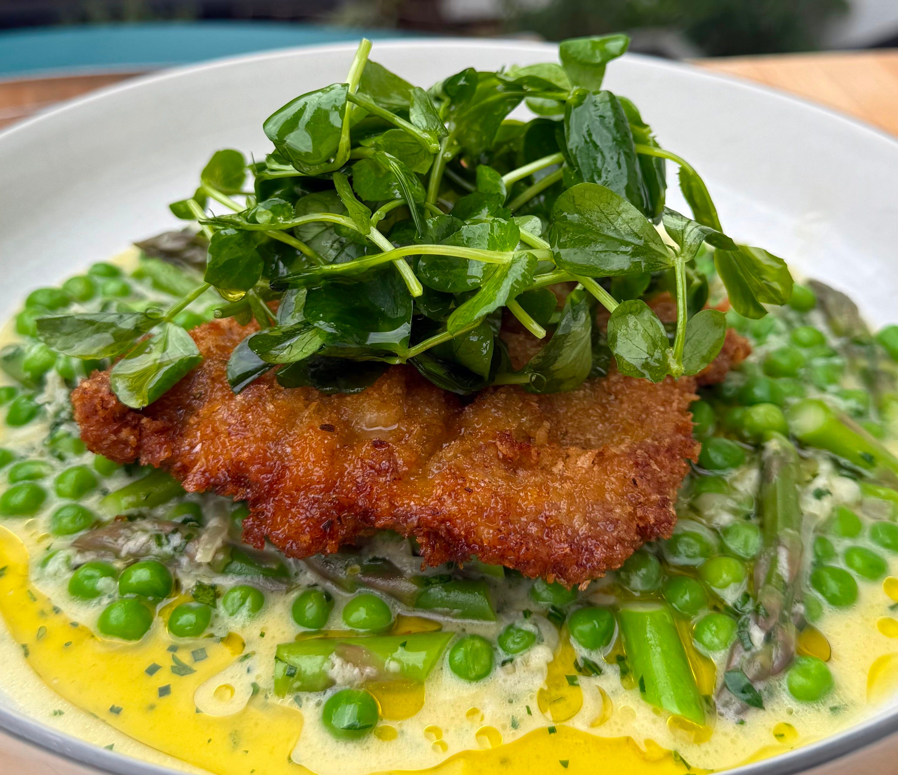 Crispy Lamb, Asparagus & Pea Fricassee - Chef Anna Frazer
